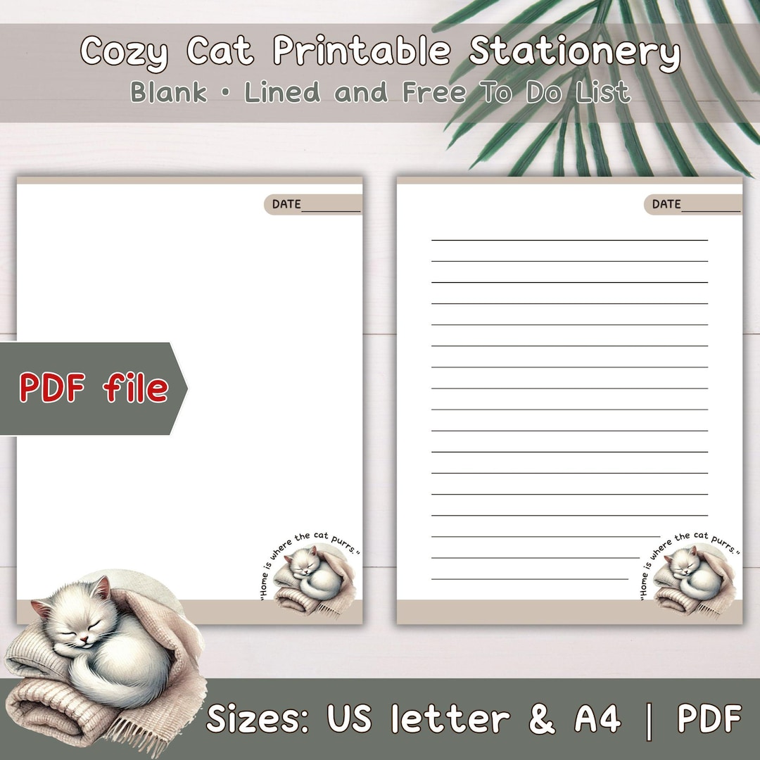 Printable Cat Writing Paper | Cozy Kitten Stationery | Cat Lover Gift ...