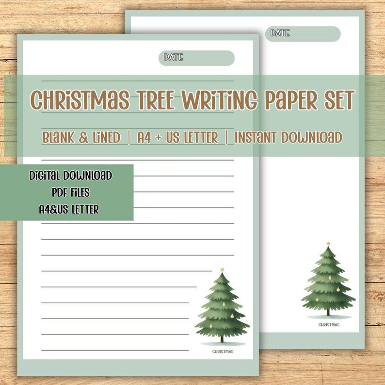Christmas Tree Writing Paper Set A4 US Letter | Blank and Lined Holiday ...