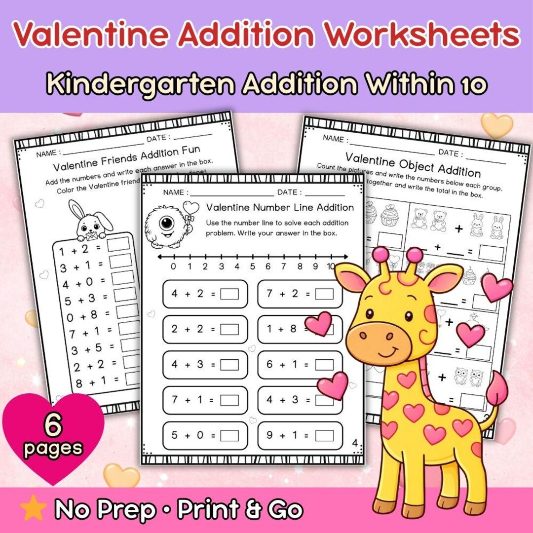 Valentine Addition Worksheets | Addition Within 10 | Kindergarten Math ...