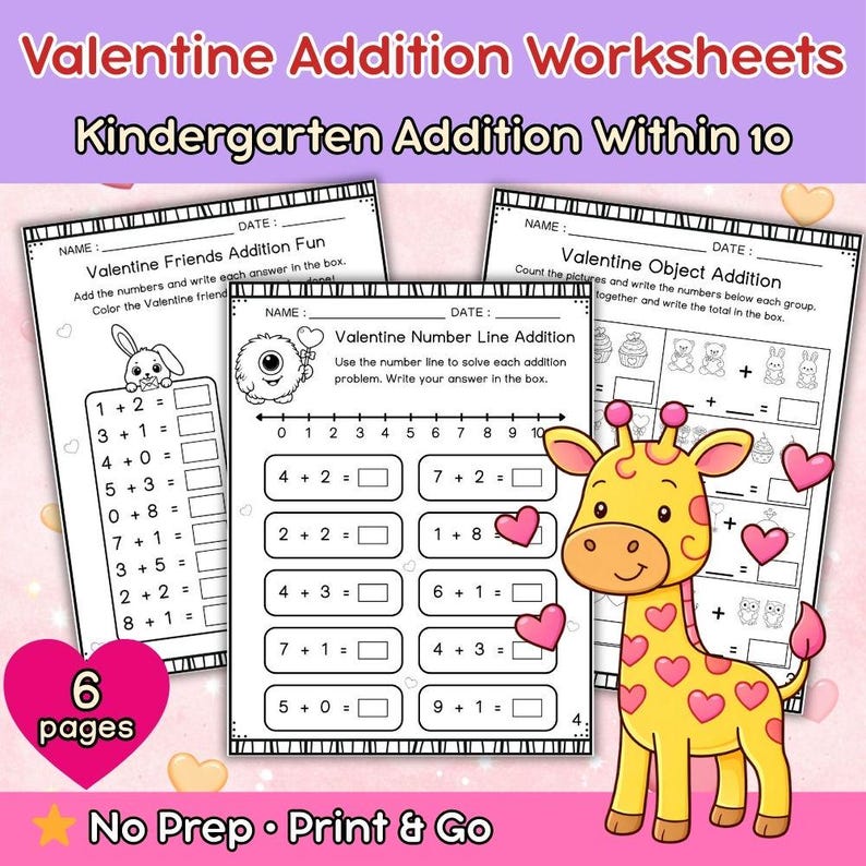 Valentine Addition Worksheets | Addition Within 10 | Kindergarten Math ...