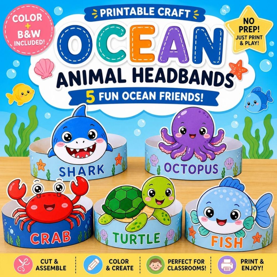 Ocean Animal Headbands Craft Printable | Shark Octopus Crab Turtle Fish ...