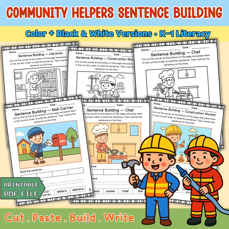 Community Helpers Sentence Building Worksheets | Cut & Paste Activities ...