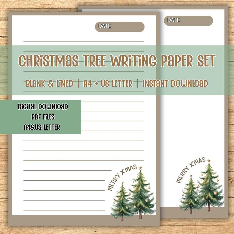 Christmas Tree Writing Paper Set A4 US Letter | Blank and Lined Holiday ...