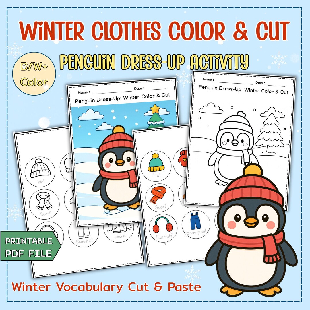 Penguin Winter Clothes Worksheet | Color Cut Paste & Trace | Winter ...