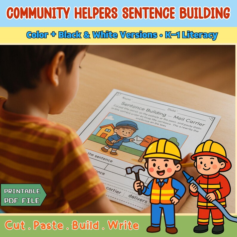 Community Helpers Sentence Building Worksheets | Cut & Paste Activities ...