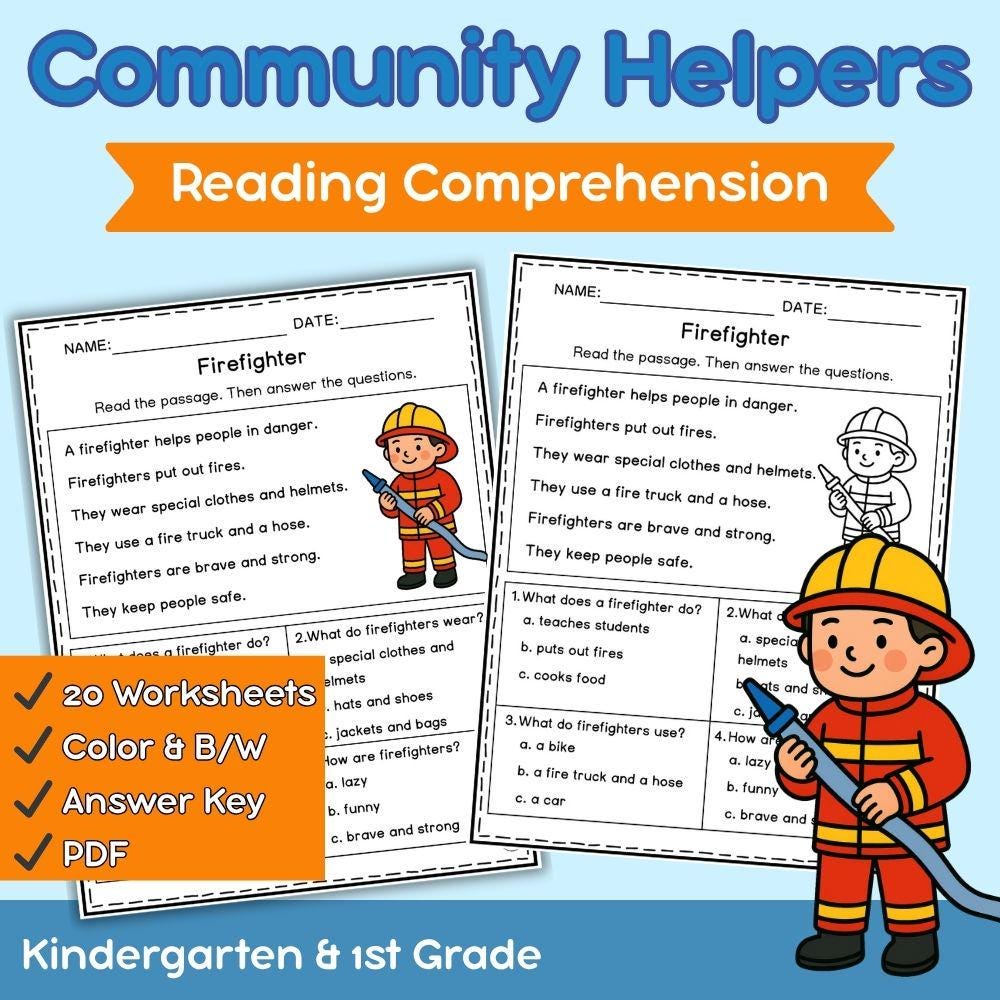 Community Helpers Worksheets, Reading Comprehension K-1, Printable PDF ...