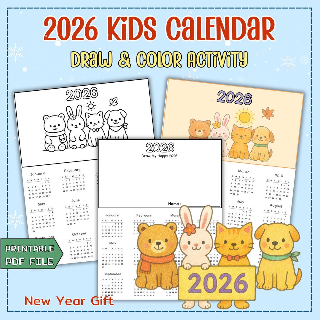2026 Kids Calendar Printable | Draw & Color Activity | New Year Gift ...