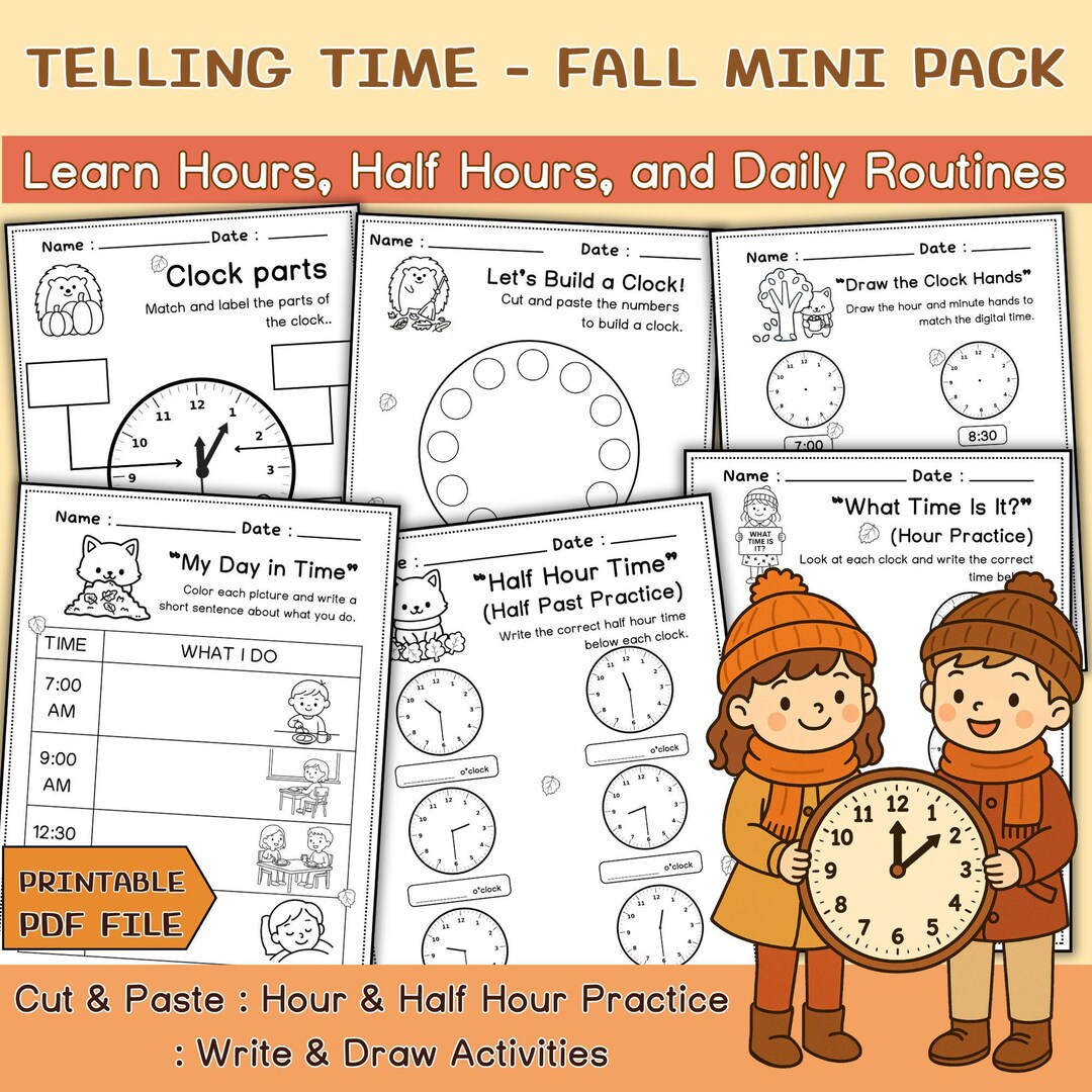 Telling Time Fall Worksheets | Hour & Half Hour Practice | Printable ...