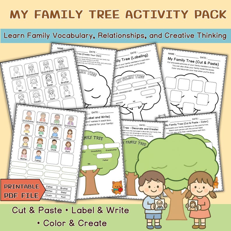 My Family Tree Worksheets | Cut & Paste, Label, Write | Kids Printable ...