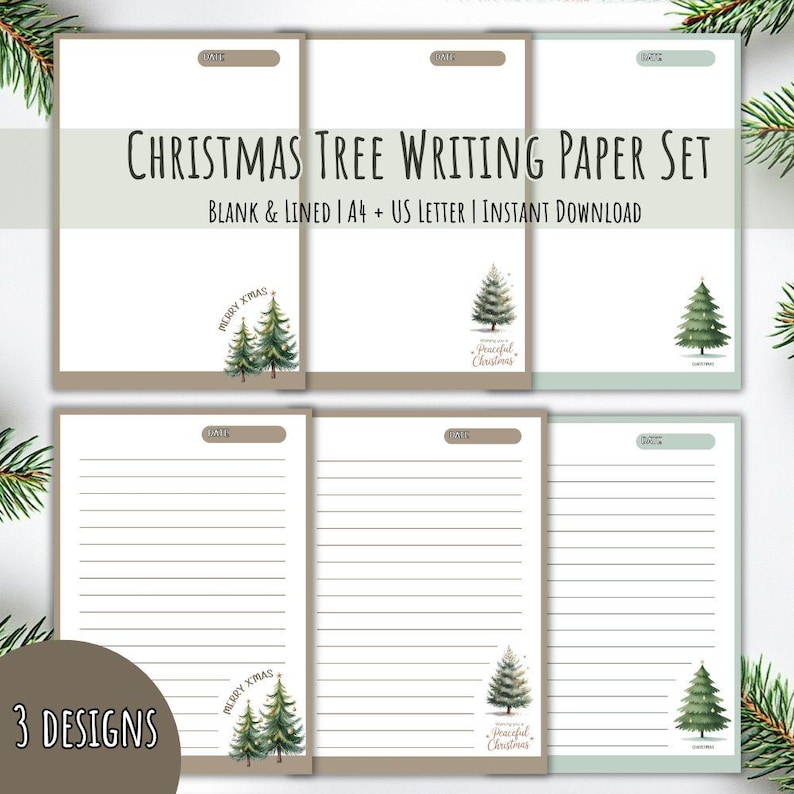 Christmas Tree Writing Paper Set A4 US Letter | Blank and Lined Holiday ...