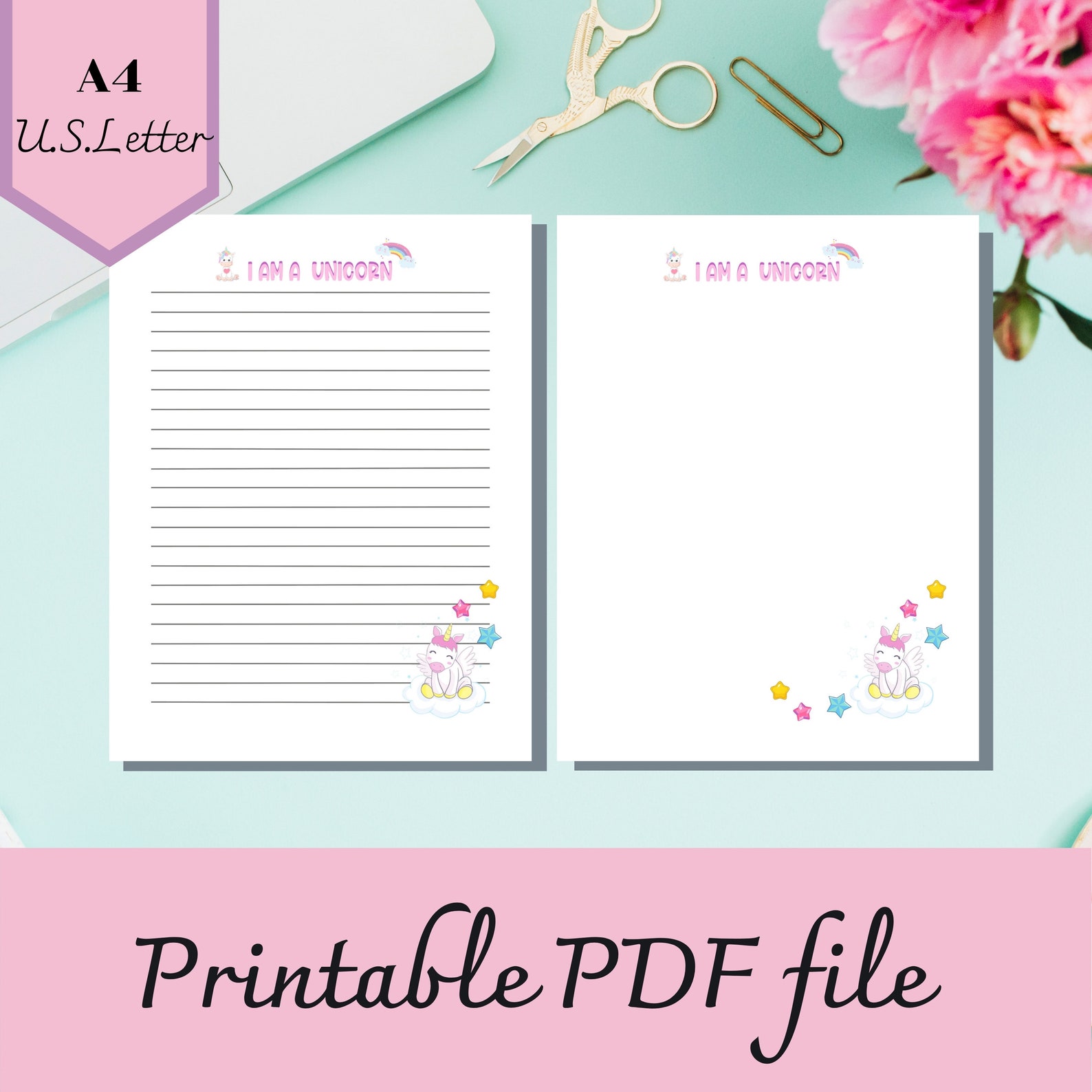 Unicorn Digital Paper, Lined Paper, Unlined Paper, Printable Stationary ...
