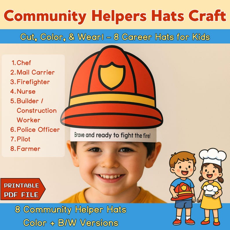 Community Helpers Hats Craft | Paper Headbands | Cut & Paste Activity ...