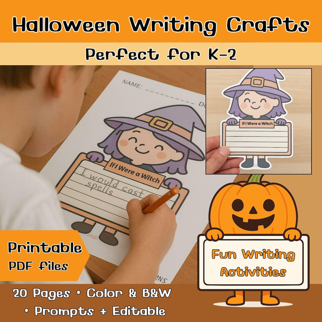 Halloween Writing Craft Activities | Color and B&W | Prompts + Editable ...