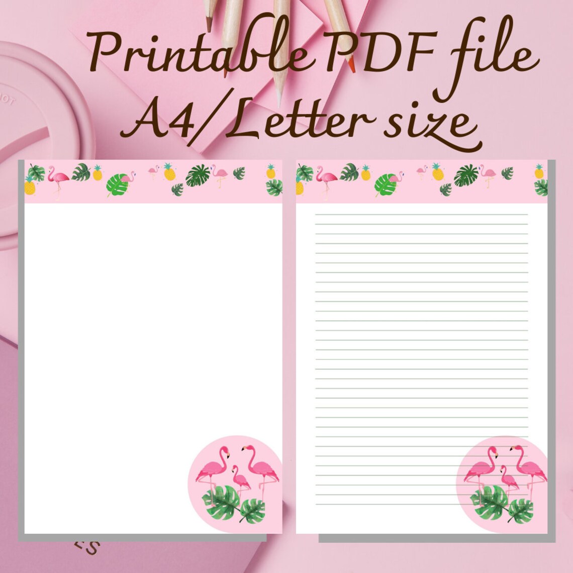 Flamingo Writing Paper, Printable Stationary, Printable Paper, Note ...