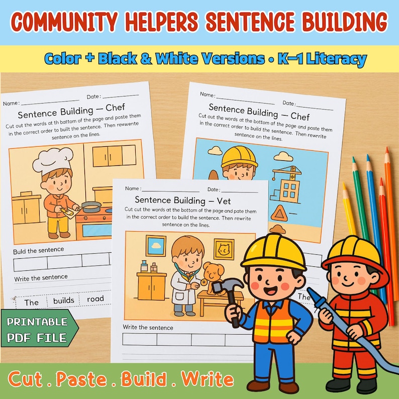 Community Helpers Sentence Building Worksheets | Cut & Paste Activities ...