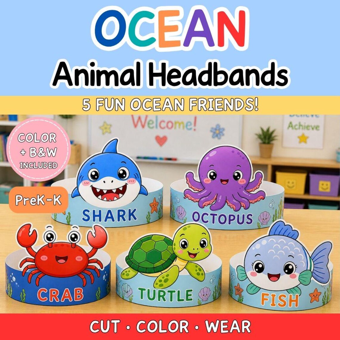 Ocean Animal Headbands Craft Printable | Shark Octopus Crab Turtle Fish ...