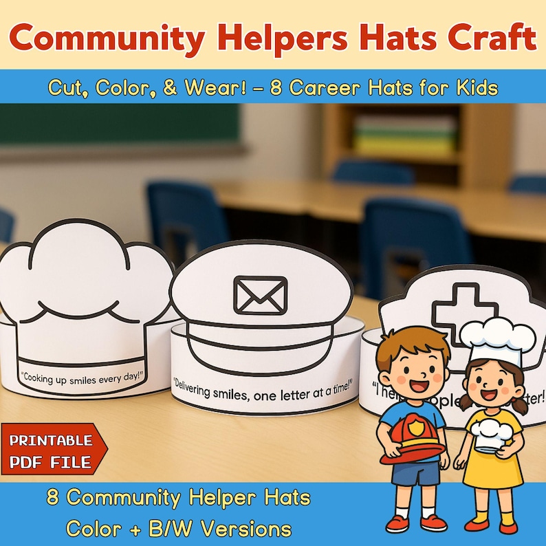 Community Helpers Hats Craft | Paper Headbands | Cut & Paste Activity ...