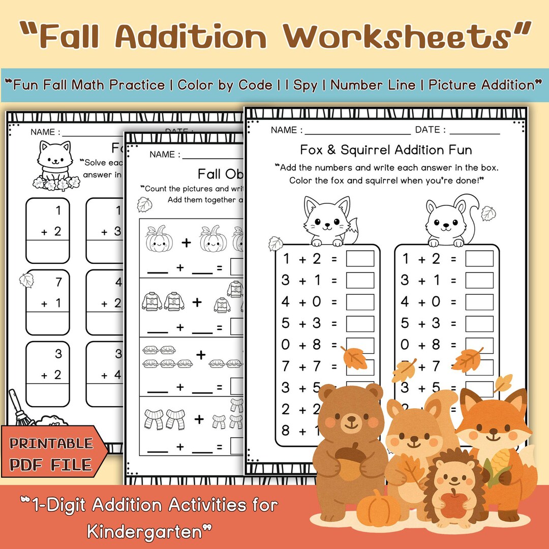 Fall 1-digit Addition Worksheets | Kindergarten Math Printables | Fall ...