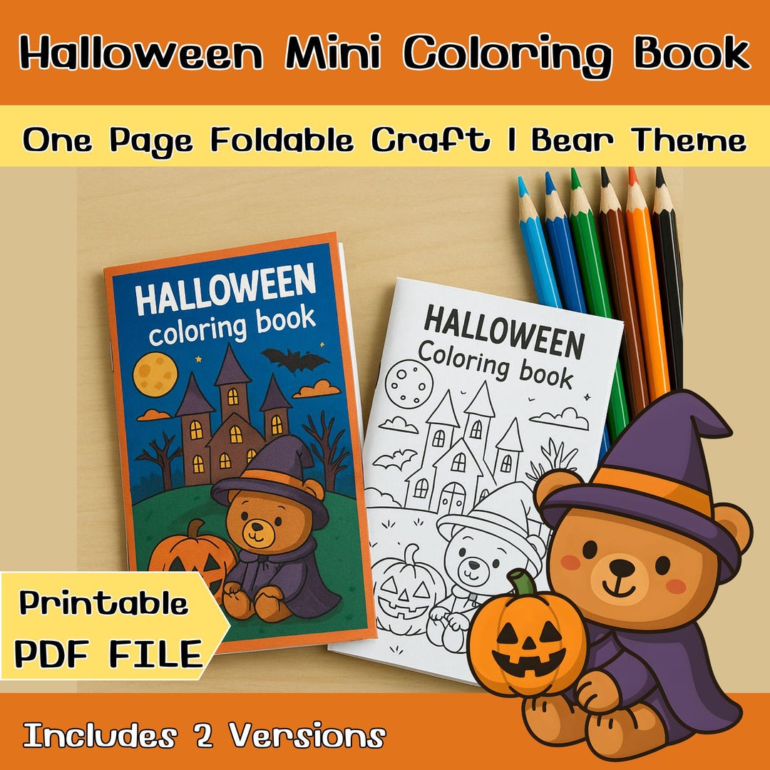 Halloween Mini Coloring Book | One Page Printable | Bear Theme Coloring ...