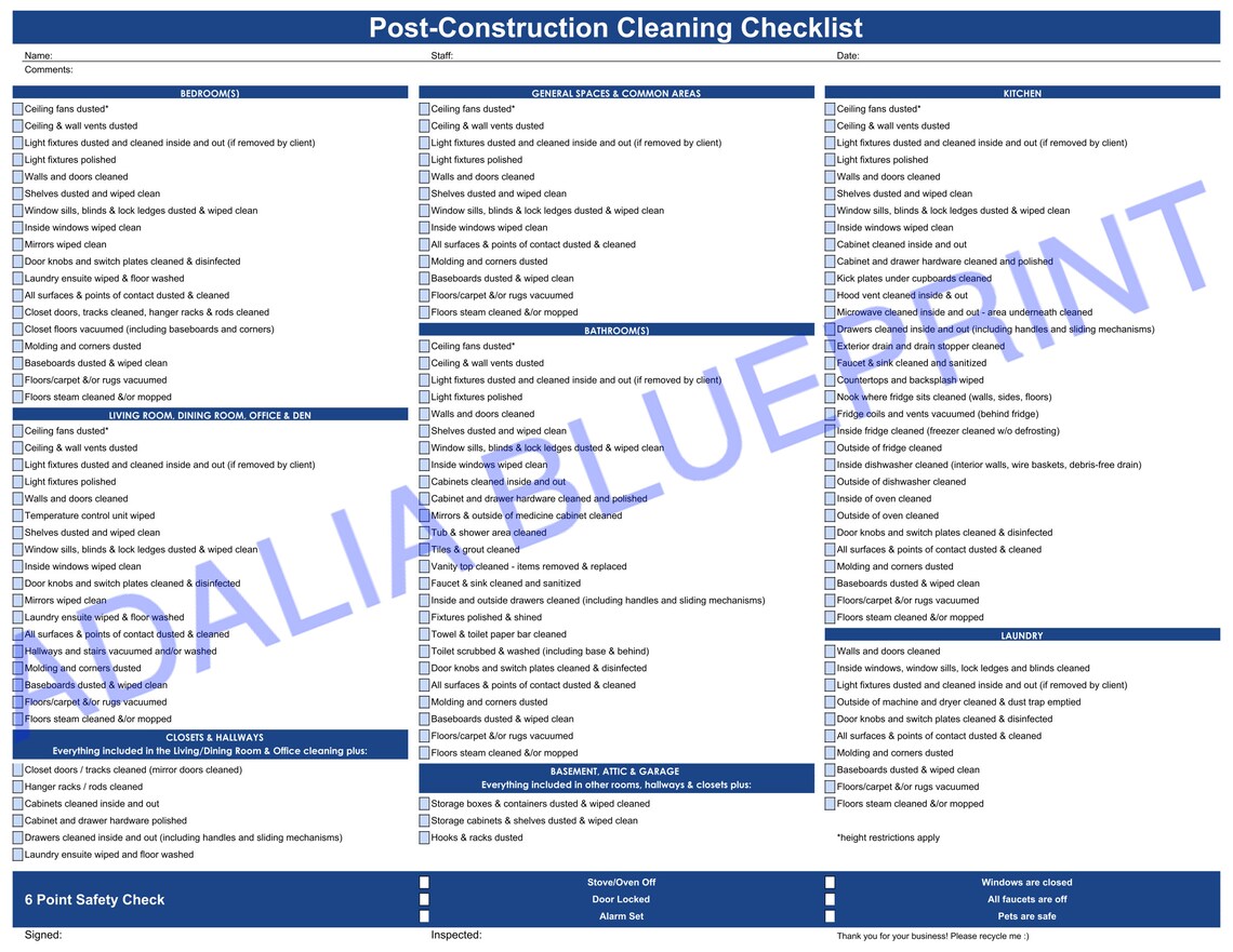Post-construction Cleaning Checklist Blue printable - Etsy