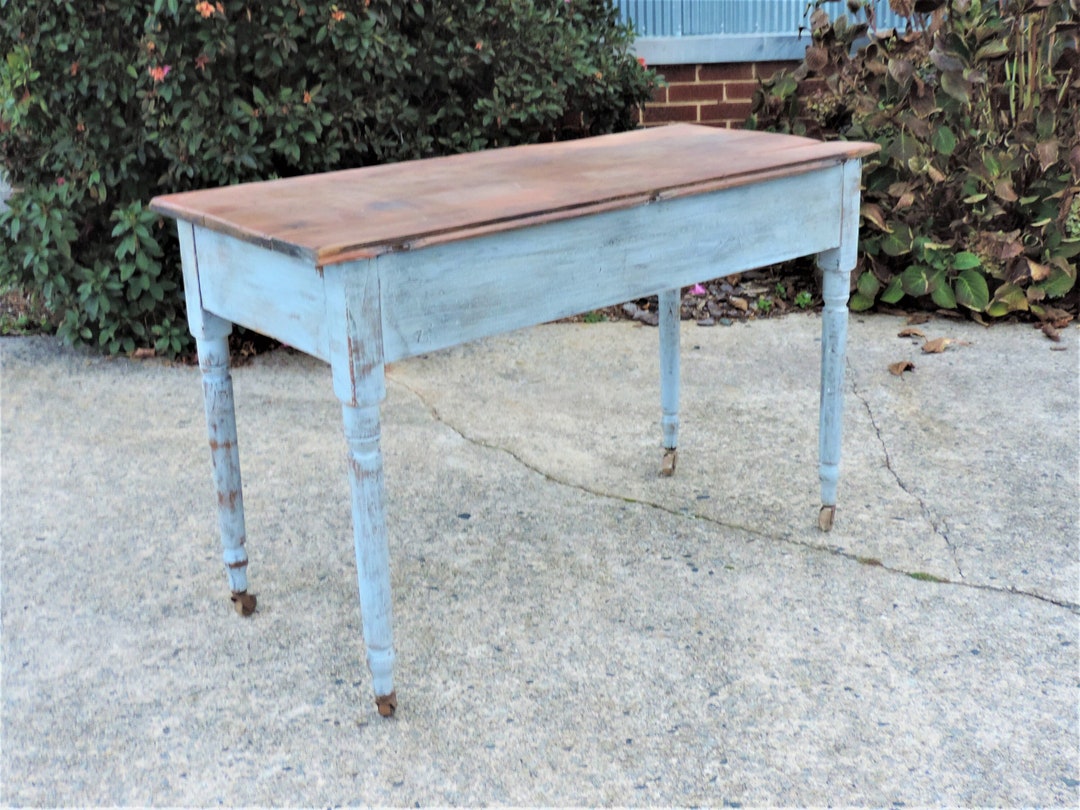 Primitive Distressed Blue Console Table With Worn Walnut Top and ...