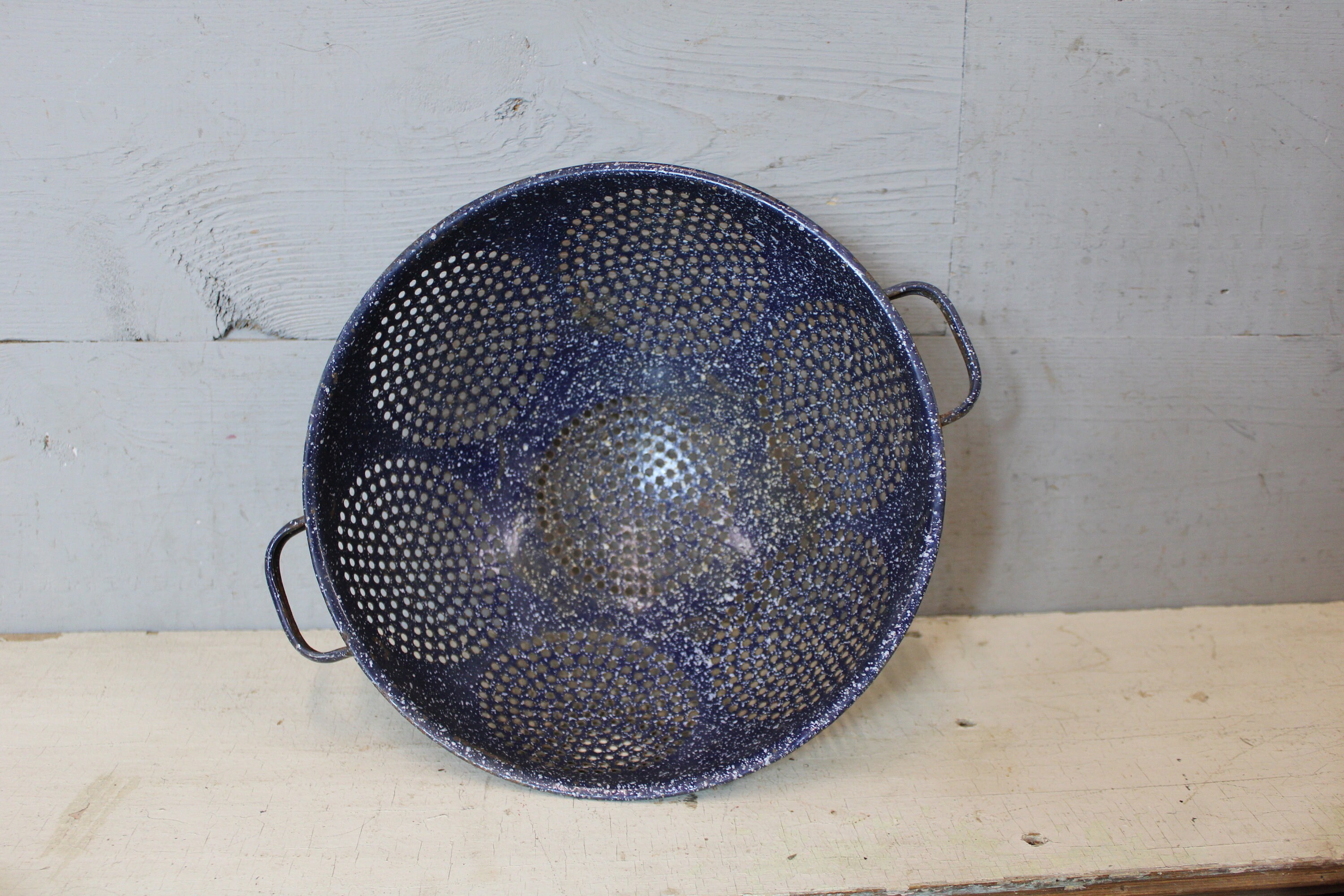 Vintage Blue and White Speckled Enamel Kitchen Collander - Etsy