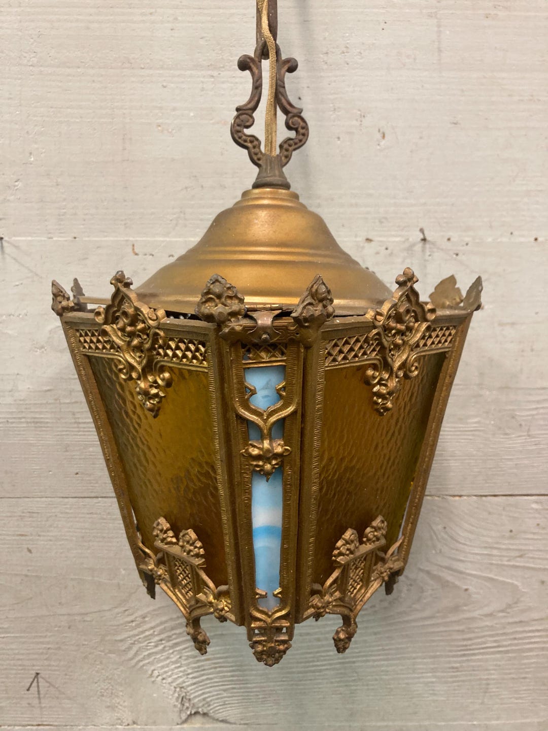 Antique Gothic Hanging Pendant Light With Slag Glass Panels | Antique ...