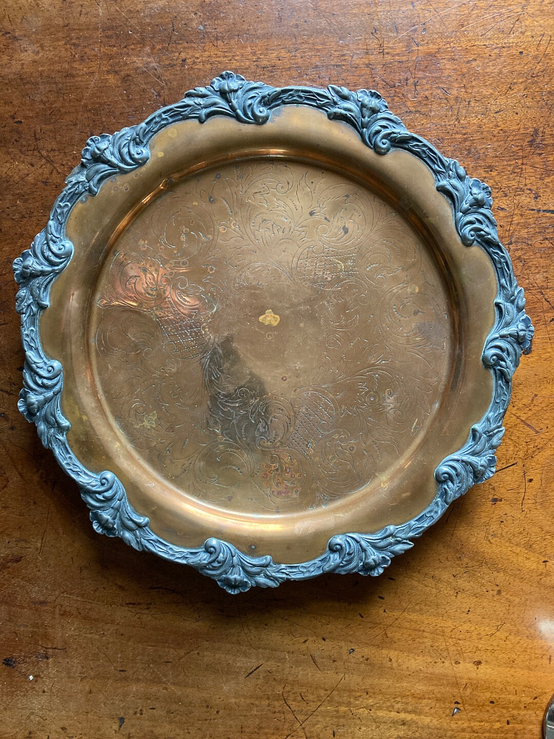 Copper & Pewter Edged Platter on 3 Feet Art Nouveau C 1920 Cake Plate ...