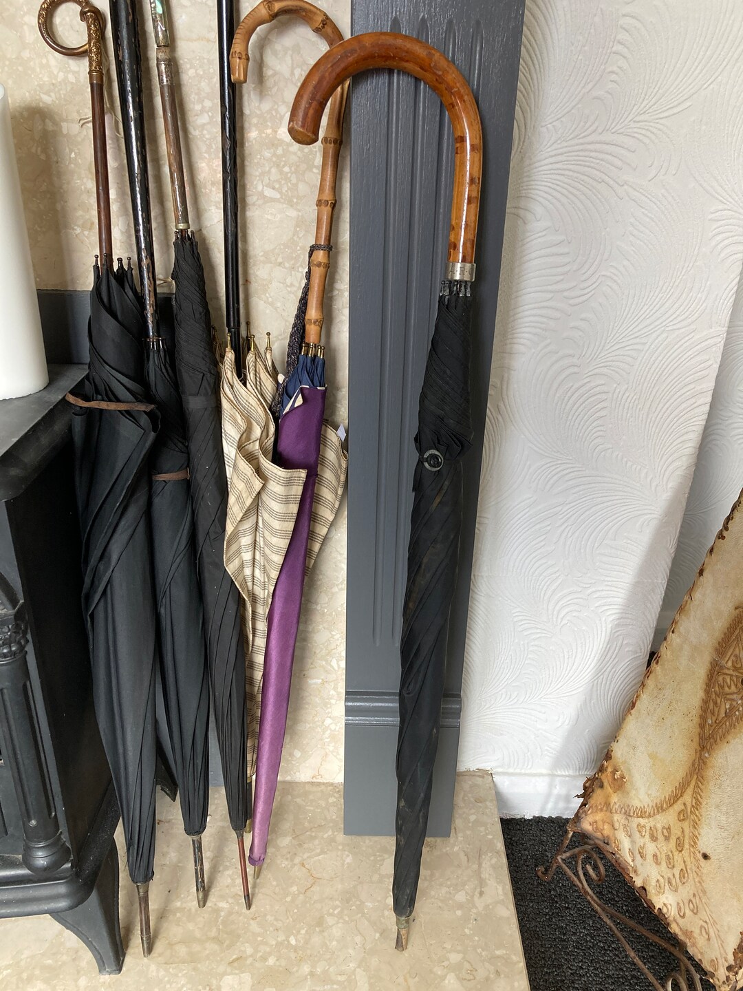 Antique Parasol Umbrella Brolly X 2 Black Handle Carved Lacquered Navy ...