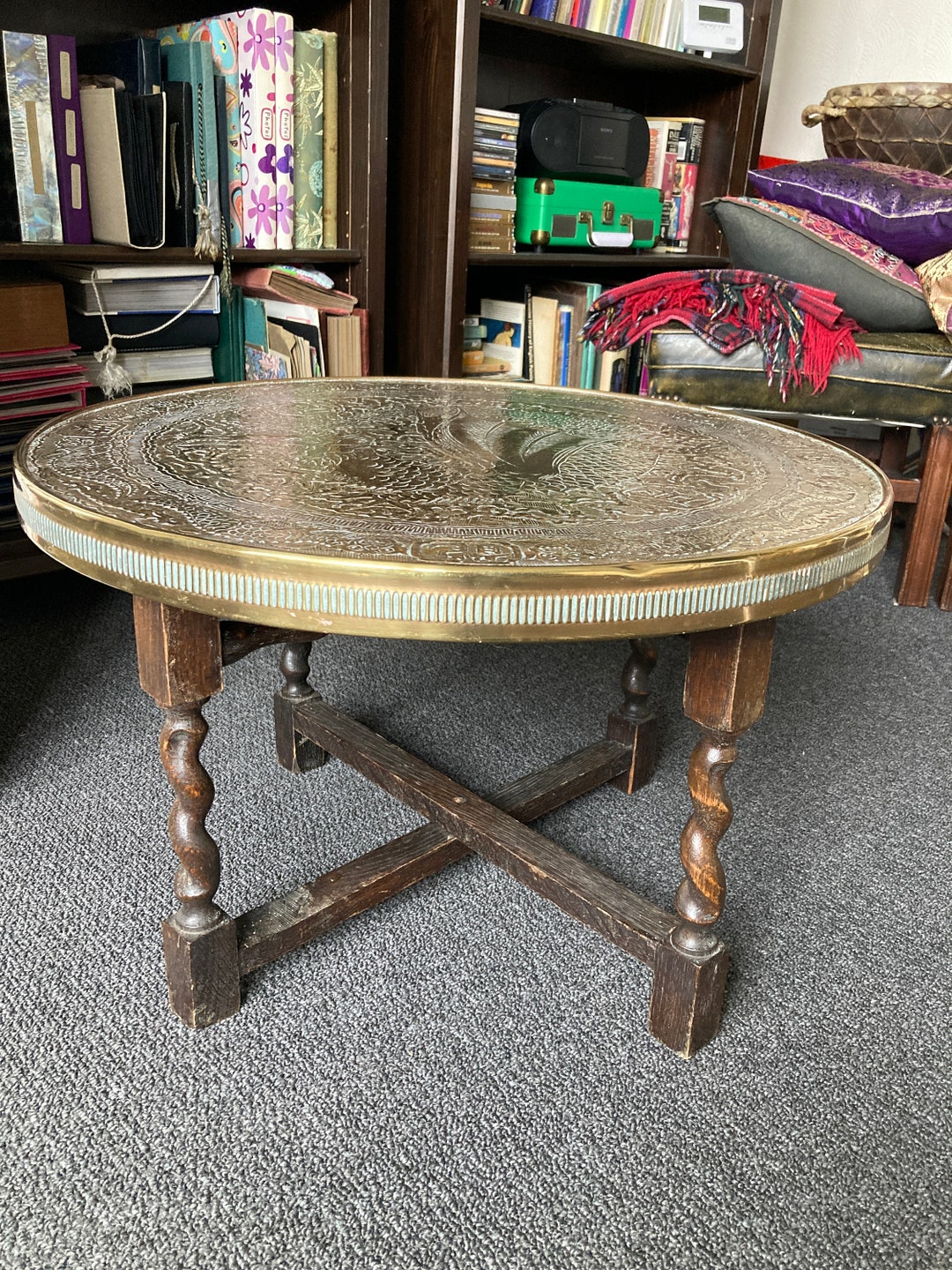 Antique Brass Top Table Barley Twist Legs Hand Beaten Design Dragon ...