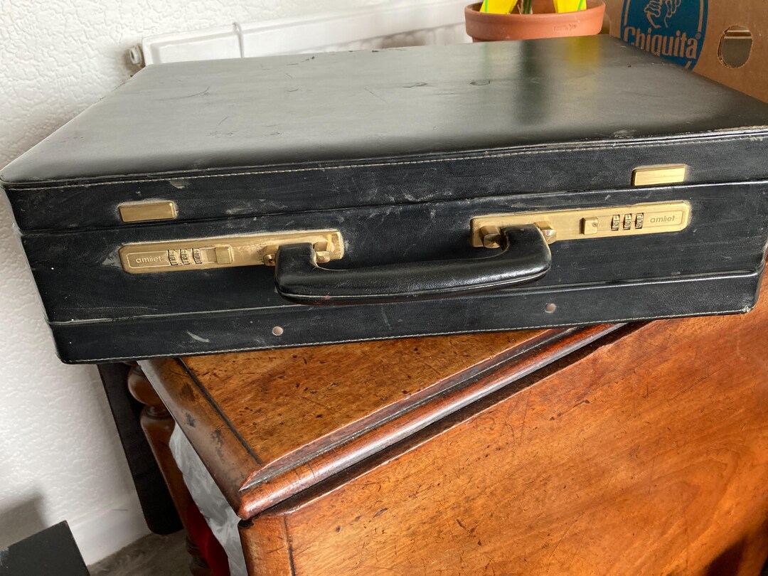 Vintage Expanding Briefcase Amiiet Black Leather C 1950 Quirky Storage ...