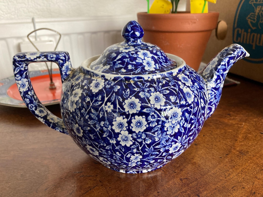 Vintage Teapot Burleigh Ironstone Calico C 1950 Blue & White Floral ...