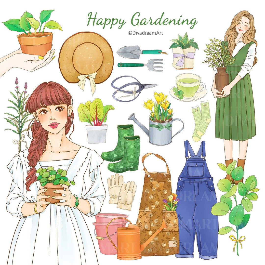 Spring Garden Clipart: Fashion Girls, Gardening Stickers (digital ...
