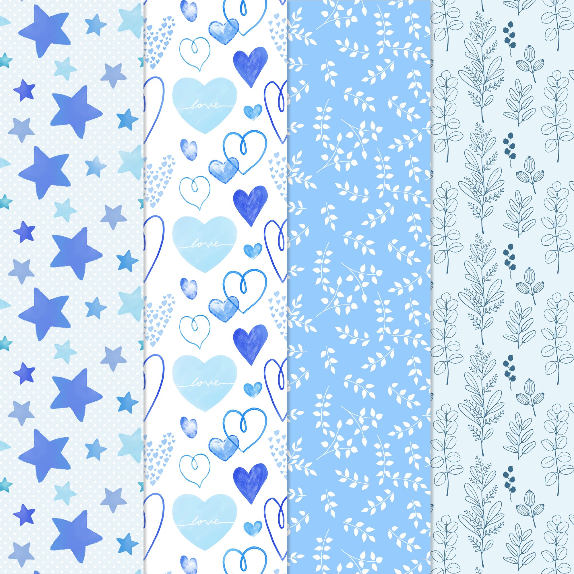 BLUE Digital Paper Blue Flower Pattern Summer Pattern Leaves Digital ...