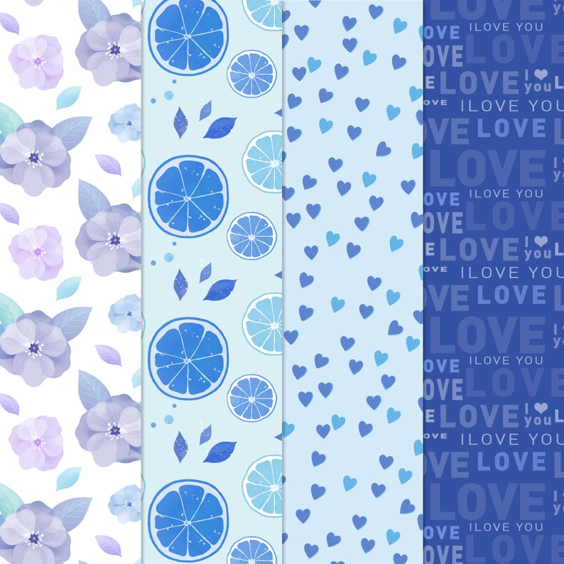 BLUE Digital Paper Blue Flower Pattern Summer Pattern Leaves Digital ...
