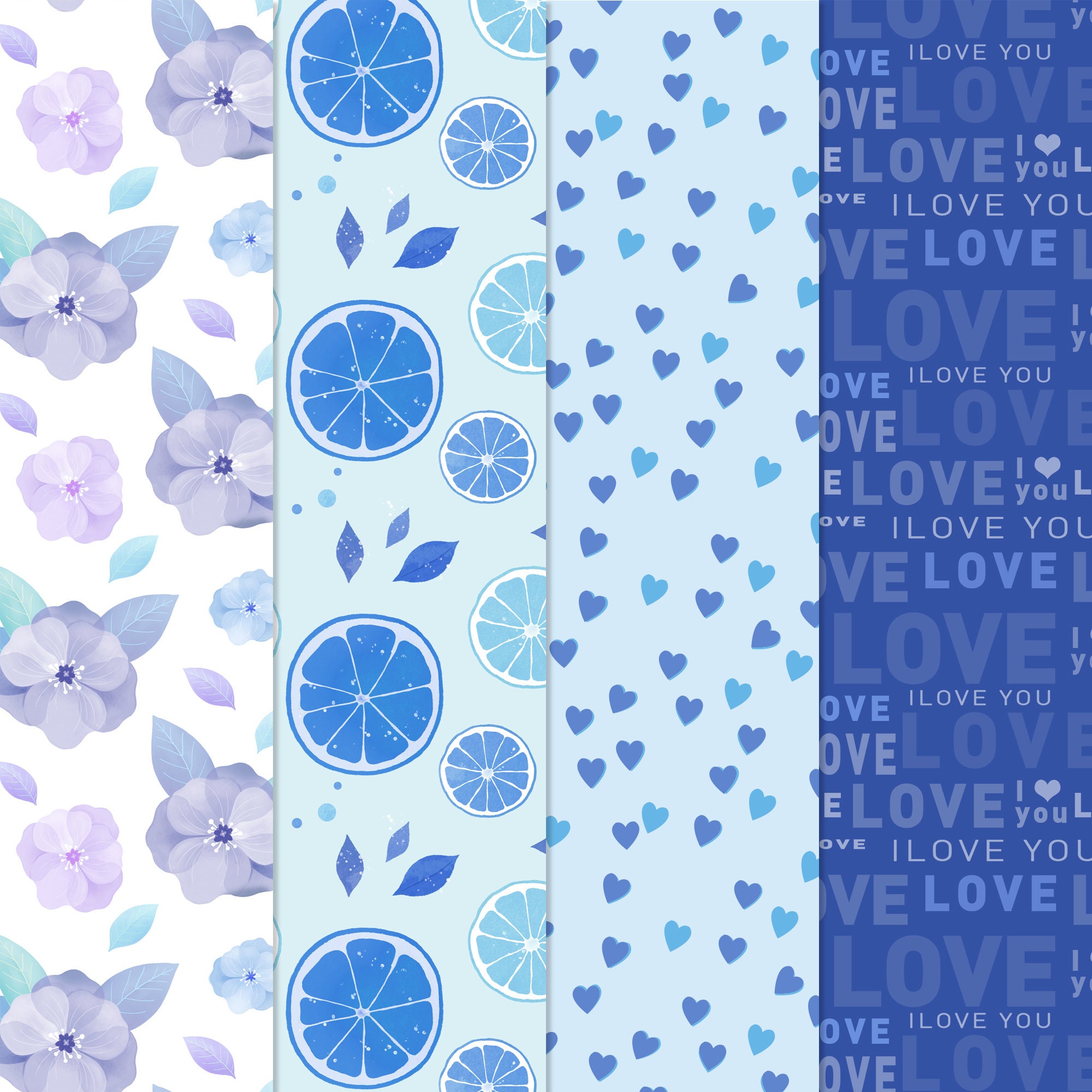 BLUE Digital Paper Blue Flower Pattern Summer Pattern Leaves Digital ...