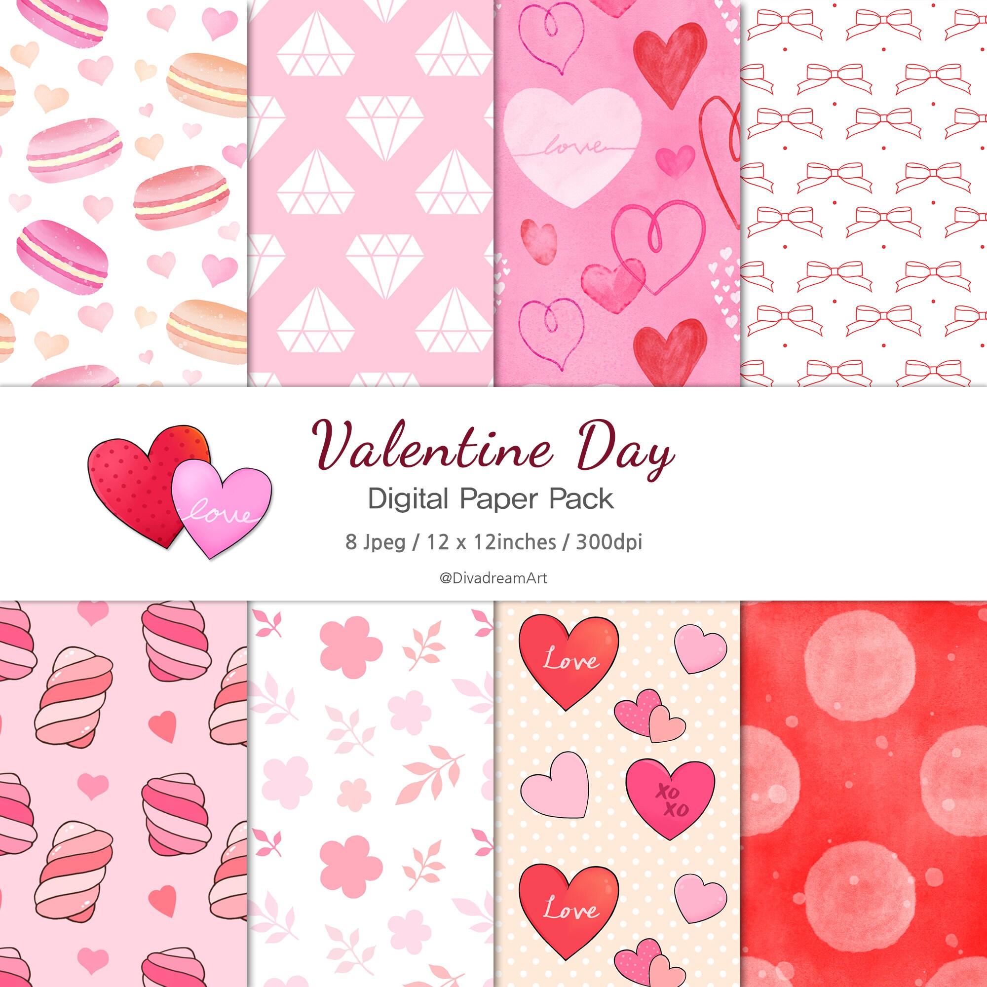 Digital Paper Pack, Love Heart, Valentine Day, Hand Painted, Scrapbook ...