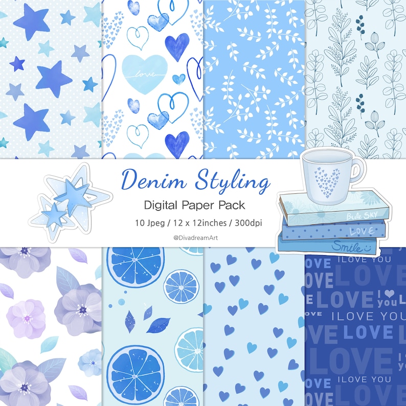 Blue Floral Digital Paper: Hand-drawn Scrapbook Patterns (digital ...