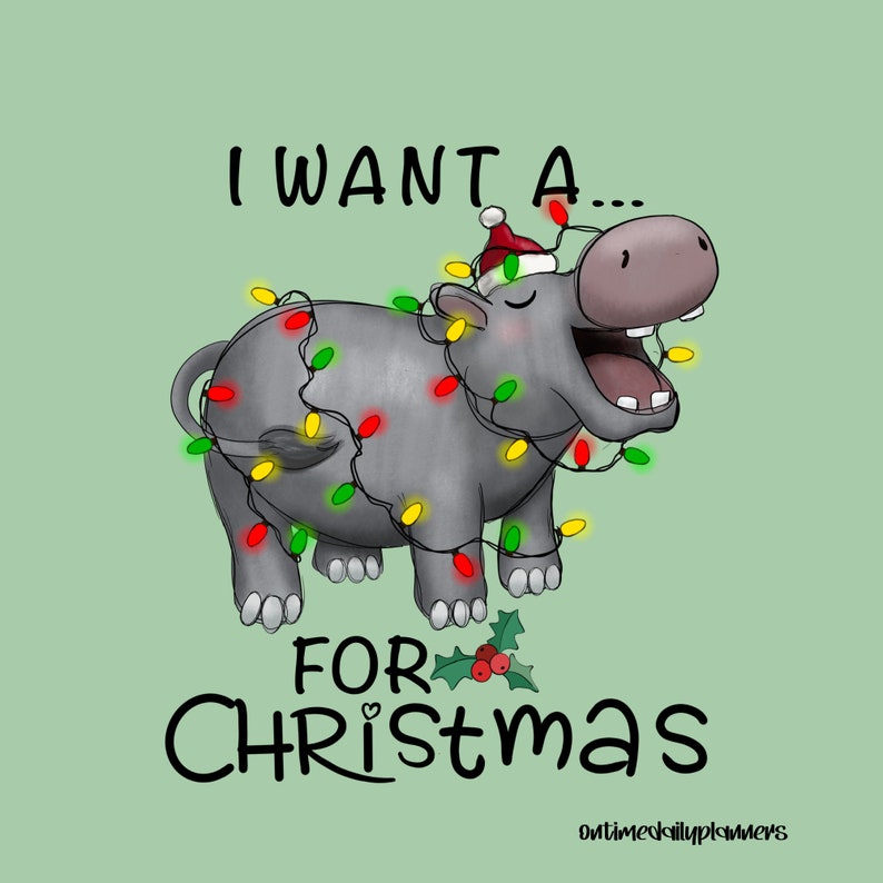 Funny Christmas Hippopotamus PNG: Holiday Lights Design (digital ...