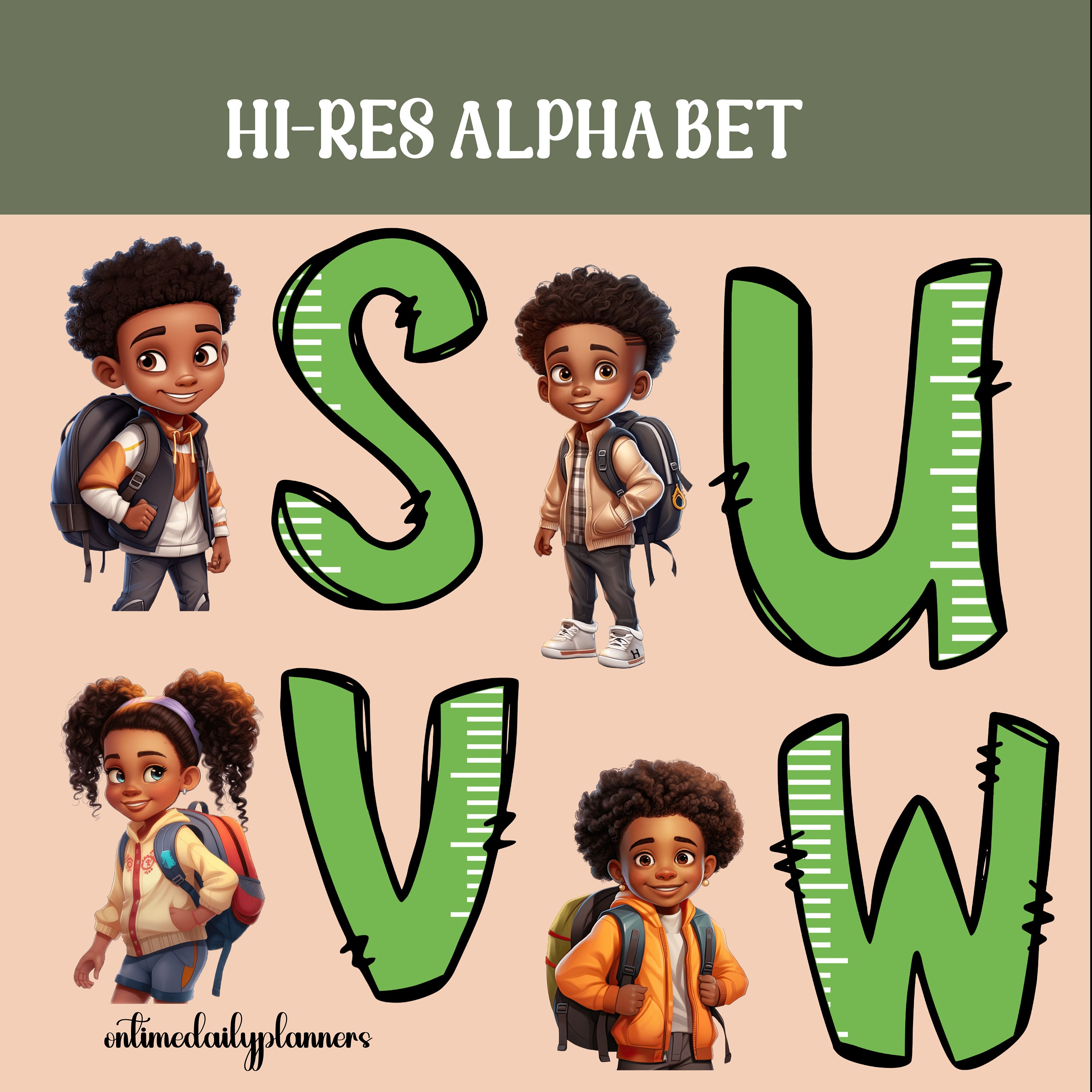 African American Kids Alphabet Doodle: Classroom Flash Cards (PNG) - Etsy