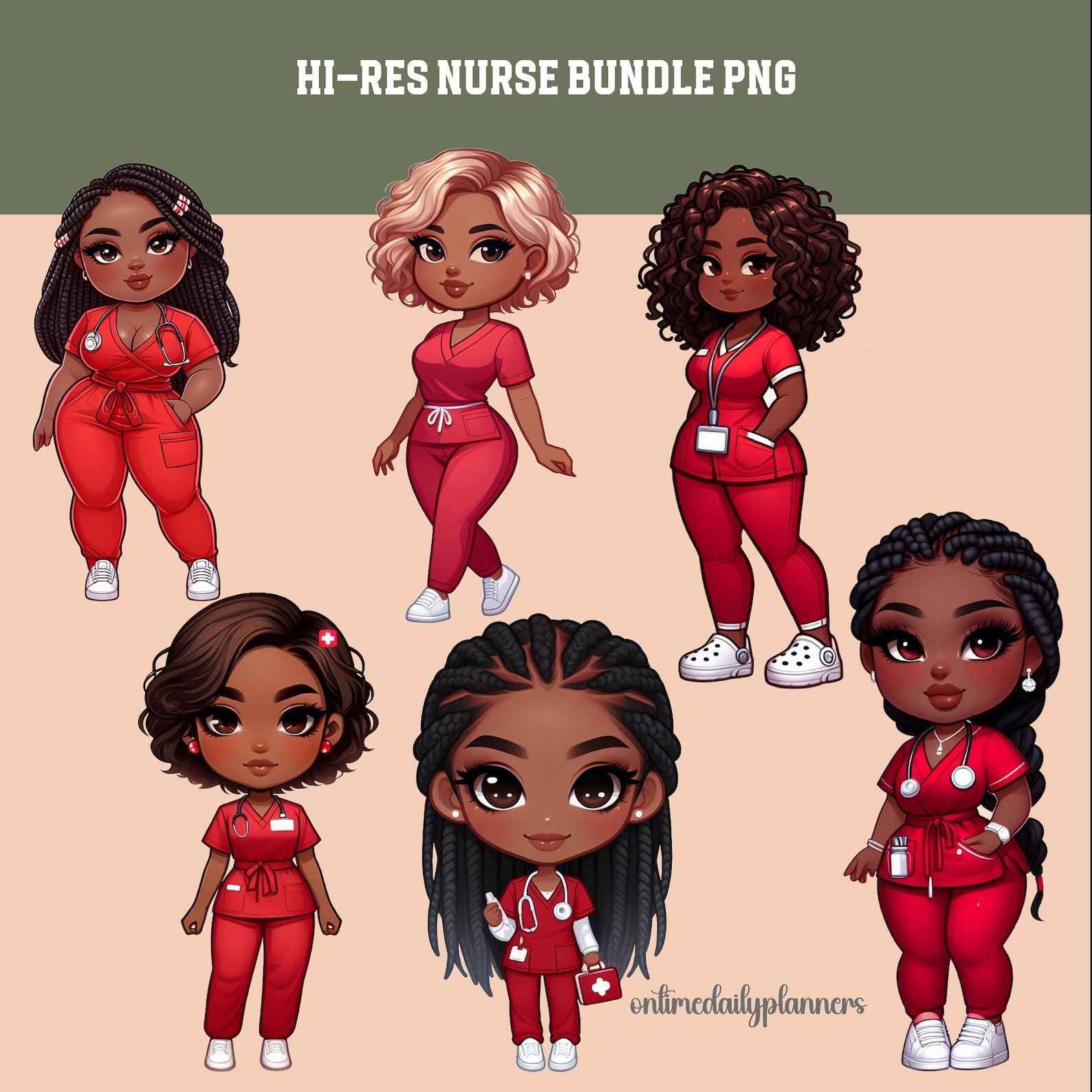 Chibi Nurse PNG Bundle: Black Woman Healthcare Clipart (commercial ...