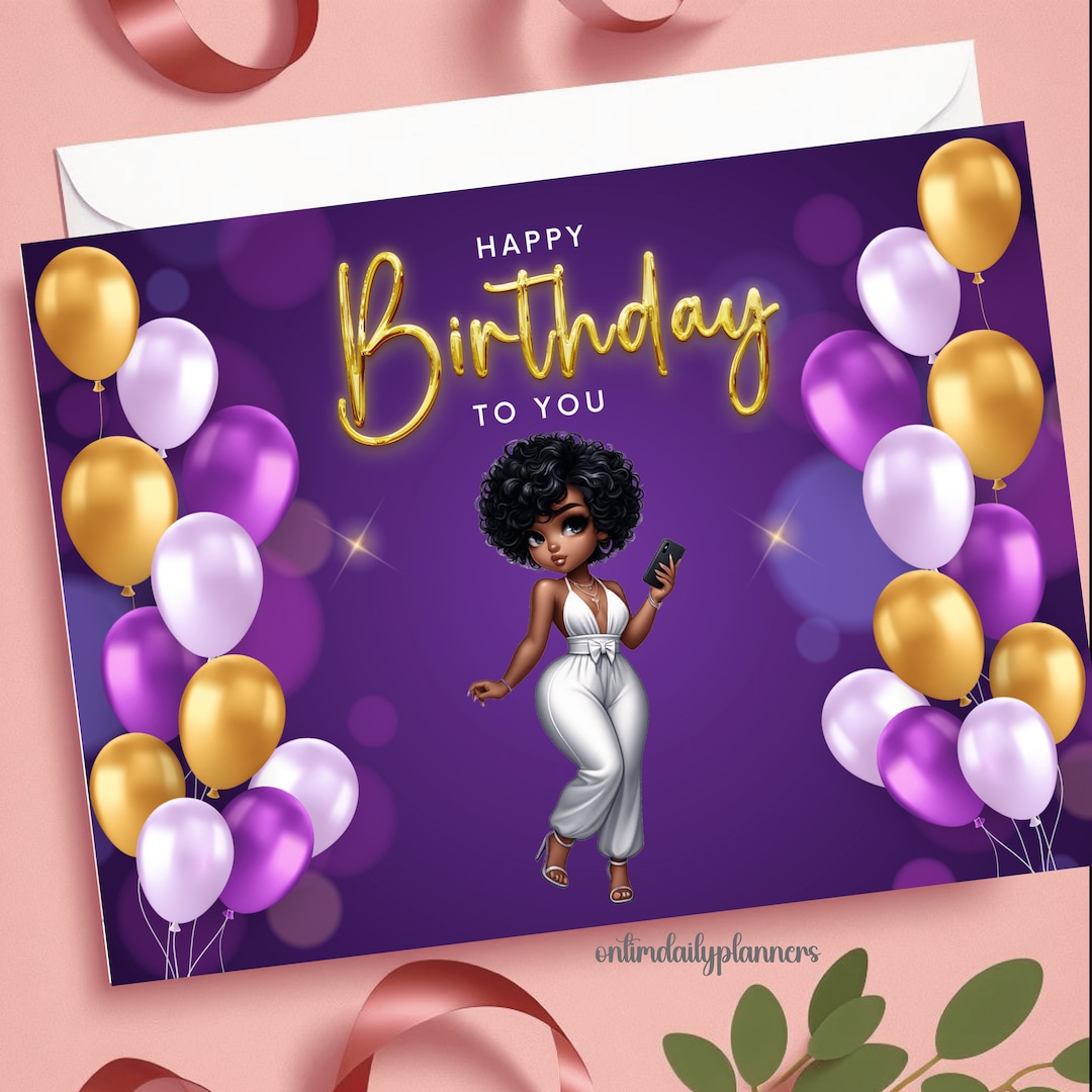 Purple Afro African American Printable Birthday Card, African American ...