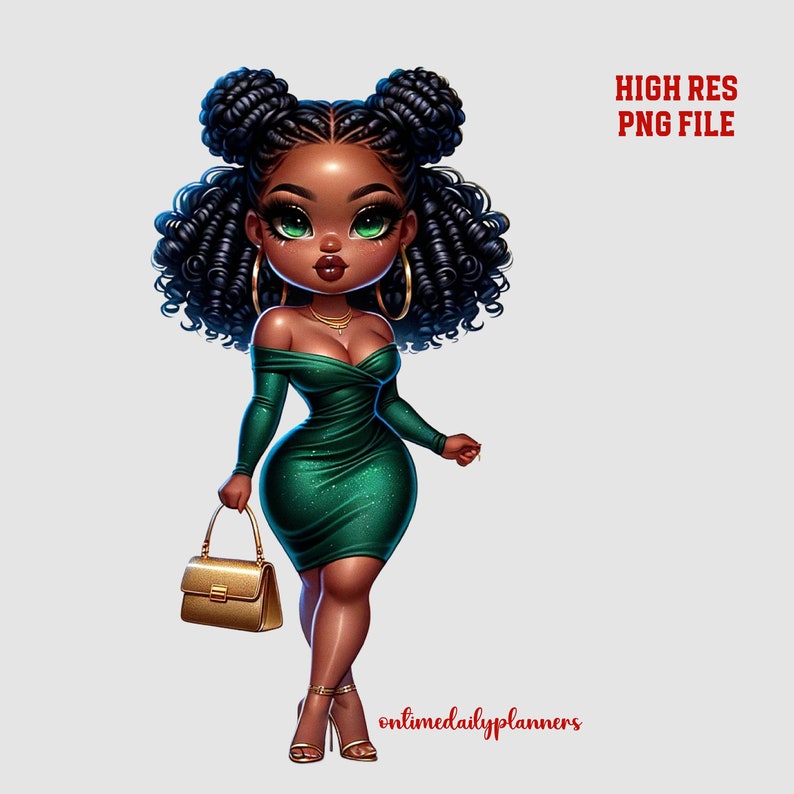 Chibi Style Christian Black Girl Clipart Design Digital Planner Wall Art Png African American