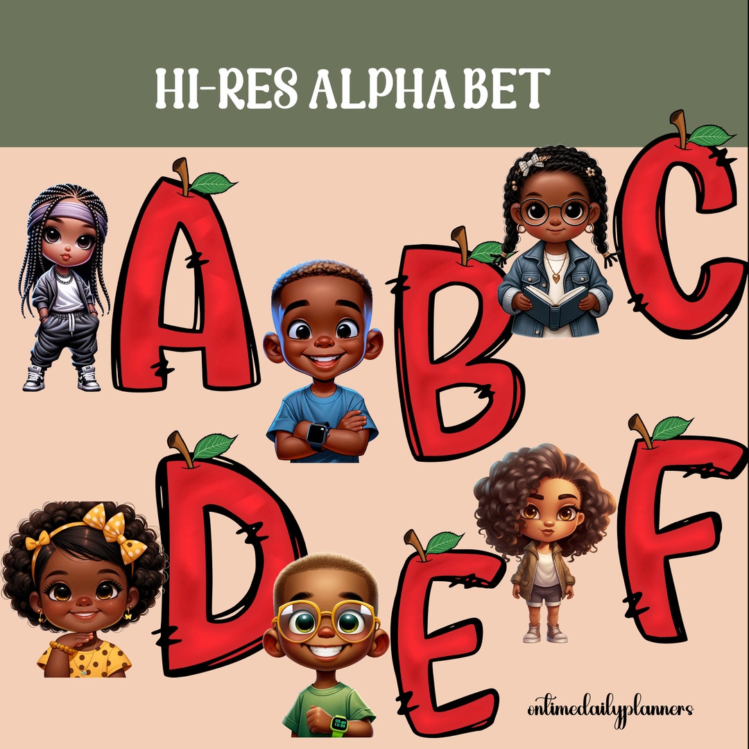 African American Kids Alphabet Doodle: Classroom Flash Cards (PNG) - Etsy