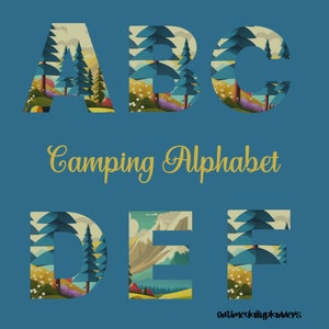 Camping Alphabet Doodle Sublimation Hiking Gift Camping Gear Retro Font ...