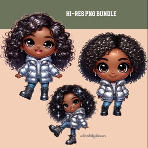 Chibi Style African American Little Girl Clipart PNG Bundle, Digital ...