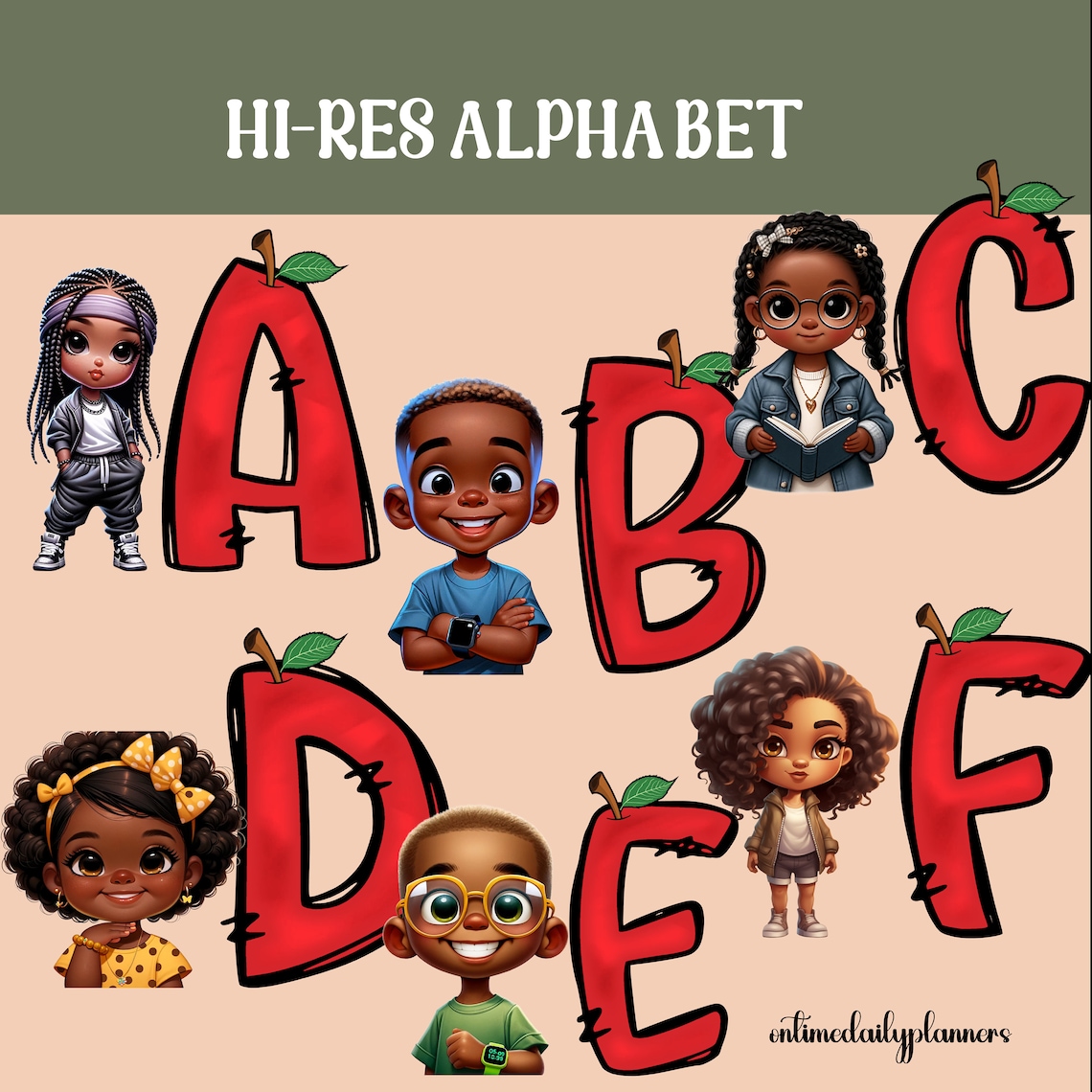 African American Kids Alphabet Doodle: Classroom Flash Cards (PNG) - Etsy