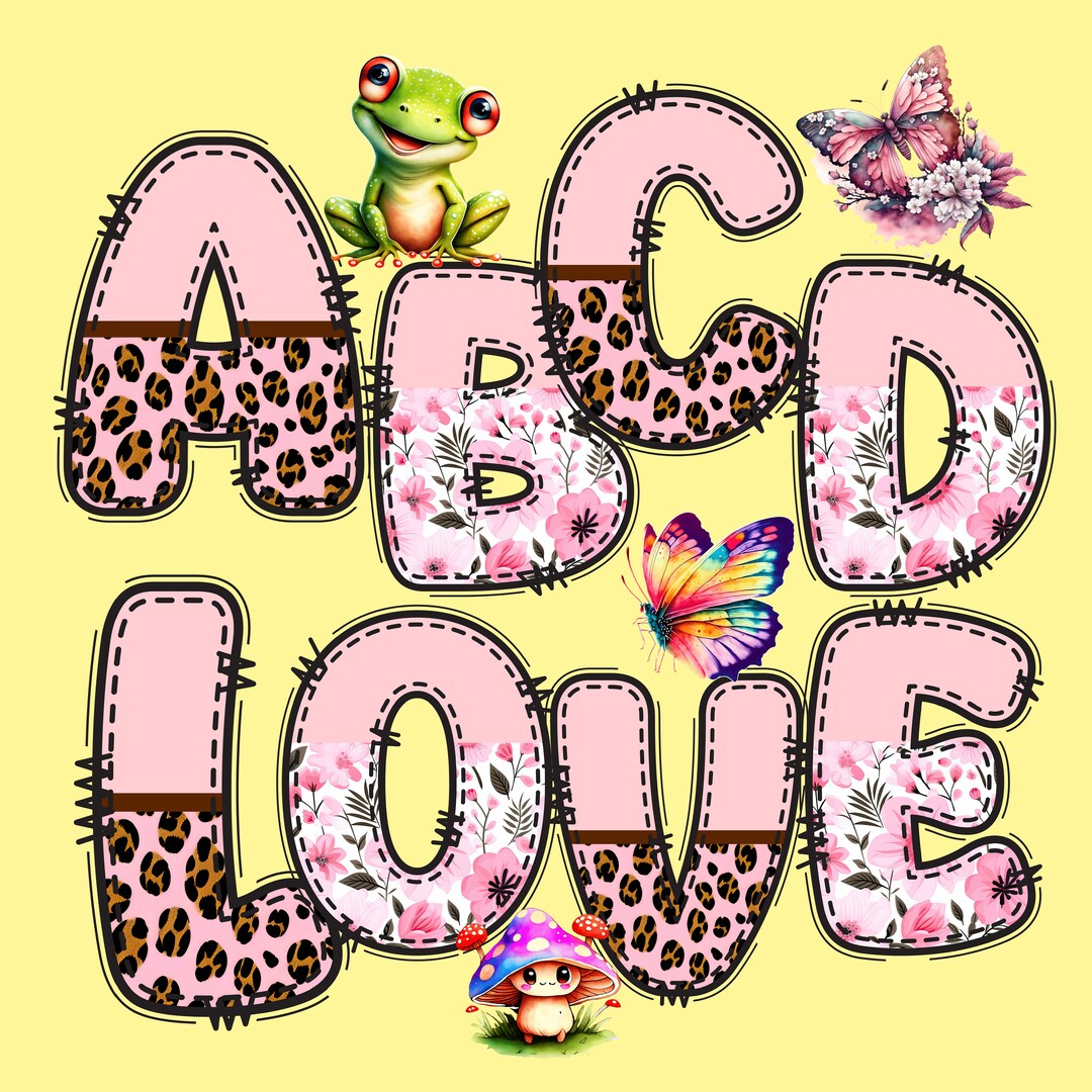 Floral Doodle Alphabet Clipart Leopard Print Pink and Brown Valentine ...