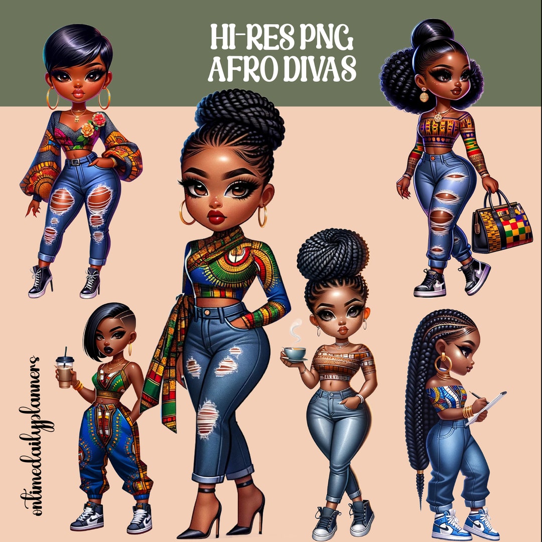 Afro Diva Clipart: African American Chibi PNG Illustration - Etsy