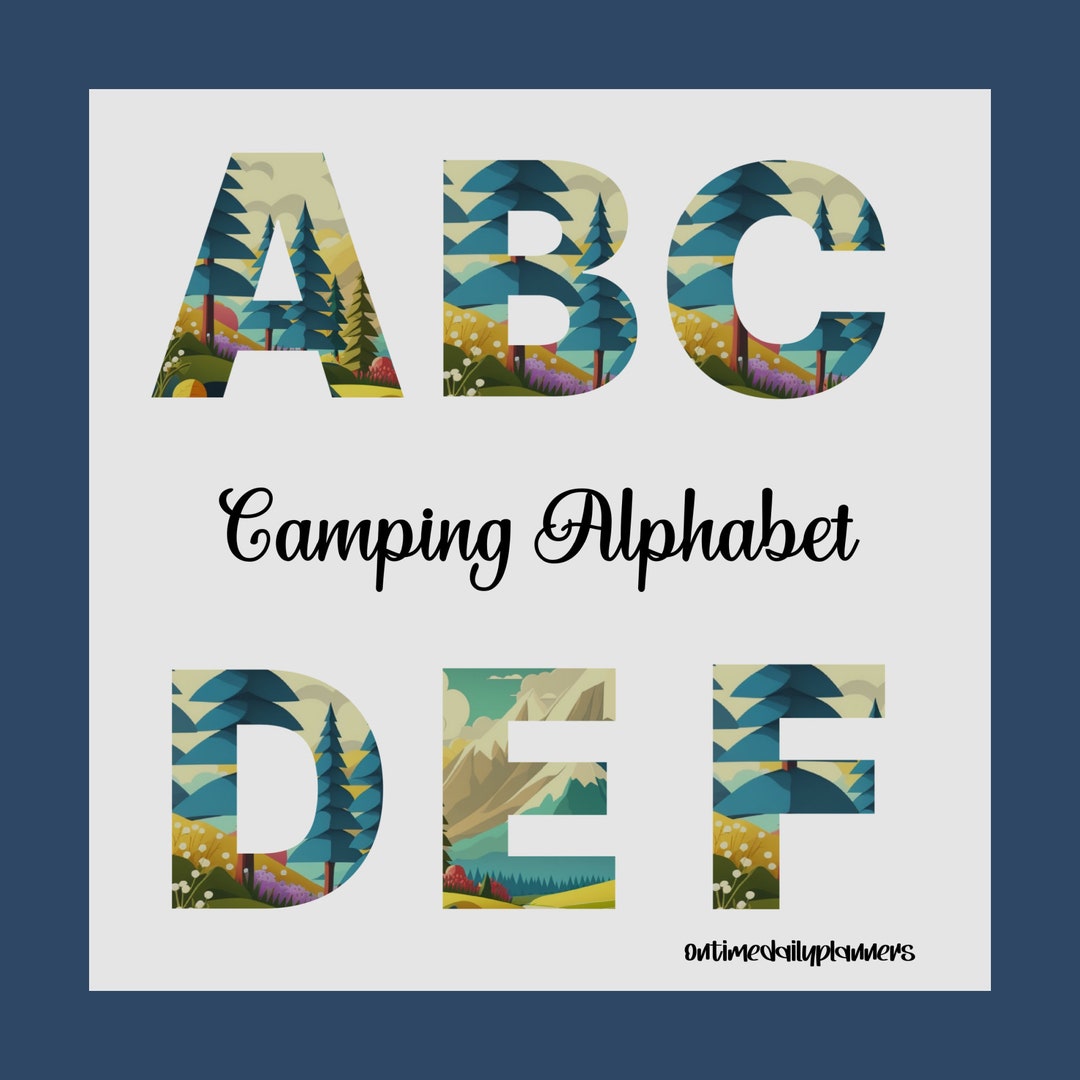 Camping Alphabet Doodle Sublimation Hiking Gift Camping Gear Retro Font ...